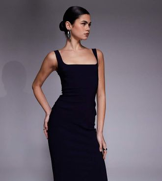 Vesper Robe mi-longue moulante en bengaline avec encolure carr&eacute;e - Bleu marine