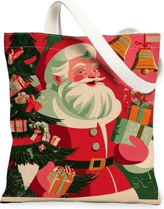 Generic Sacs fourre-tout en toile motif P&egrave;re No&euml;l r&eacute;tro, r&eacute;utilisables, l&eacute;gers et lavables avec bandouli&egrave;re, Rouge, 13x15 Inch