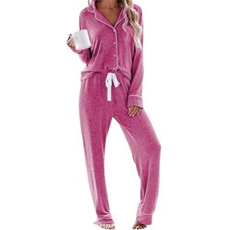 Generic Ensemble de pyjama 2 pi&egrave;ces &agrave; manches longues boutonn&eacute;es pour femme, col crant&eacute;, v&ecirc;tements de nuit, v&ecirc;tements de nuit doux, rose rouge, XXL
