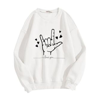 Generic Sweat-shirt &agrave; manches longues et col rond imprim&eacute; coeur I You pour femme, blanc, XXL