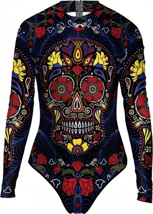 Ocean Plus Damen Hoher Kragen Digitaldruck R&uuml;ckseitenrei&szlig;verschluss Highcut Langarm Einteiliger Badeanzug (S/M (L&auml;nge: 72 cm), Leopard)