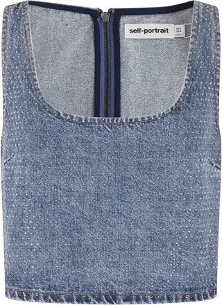 Self Portrait Femme, Tops, Bleu, Taille: 34 FR Haut Court en Denim Orn&eacute; de Strass
