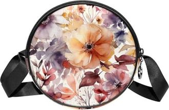 Generic Sac &agrave; bandouli&egrave;re rond pour femme, motif fleurs avec feuilles, petit sac &agrave; bandouli&egrave;re avec fermeture &eacute;clair, bretelles r&eacute;glables, sac &agrave; main rond d&eacute;c