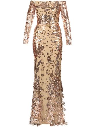 Elie Saab robe longue en tulle à broderies - Tons neutres