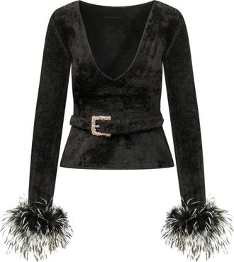 Self Portrait Top en maille chenille &agrave; plumes - Femme - Tops - Noir - Taille: 40 FR