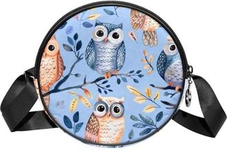 Generic Petit sac &agrave; bandouli&egrave;re circulaire pour femme, motif hiboux, feuilles, sac &agrave; dos avec fermeture &eacute;clair, bretelles r&eacute;glables, sac &agrave; main rond d&eacute;contrac