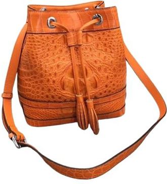 Generic Sac cabas pour femme en cuir de crocodile authentique, fermeture &agrave; cordon, sac seau blanc pour femme, sac bandouli&egrave;re &agrave; pompon en cuir dalligator exot