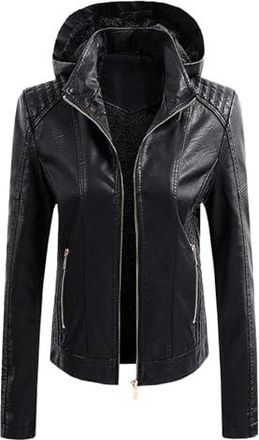 Generic Blouson aviateur en similicuir tendance pour femme avec capuche amovible, manteau de motarde