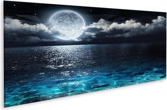 Islandburner Bild auf Leinwand Vollmond Am Meer In Der Nacht Wandbild Poster Bilder 120x40cm - Panorama