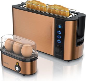 Arendo Fr&uuml;hst&uuml;cksset, 2-Scheiben Langschlitztoaster, Eierkocher threecook, Kupfer - Arendo