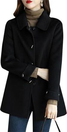 Generic Manteau en laine &agrave; simple boutonnage pour femme Petit manteau d&eacute;contract&eacute; en laine avec poches Caban, Noir, XL