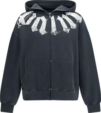 Palm Angels Mens Hooded Zip Sweatshirt Black-Off-White Cotton Sweatshirts Black/off-white Sweater