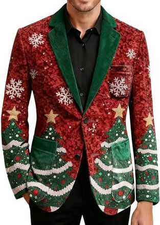 Generic Blazer de Noël pour homme, veste en velours côtelé pour homme, blazer de Noël moche pour homme, costume festif, coupe ajustée, veste de costume fantai