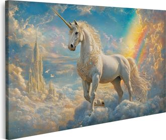 Islandburner Bild auf Leinwand Einhorn im Himmelreich mit Regenbogen und Schloss Bilder Wandbilder Poster