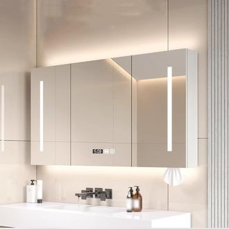 Generic 80 x 70 cm LED-Badezimmer-Spiegelschrank, 3 Türen, beschlagfrei, mit Zeitanzeige, Massivholz, Papierhandtuchhalter, Touch-Sensor-Schalter, moderne Was