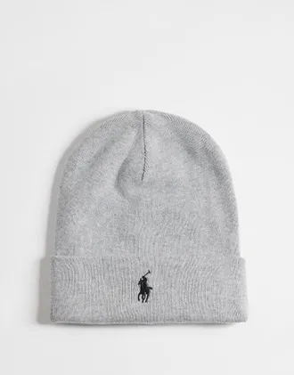 Polo Ralph Lauren bonnet en maille en laine m&eacute;rinos gris avec logo icon