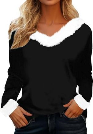 Generic Pull De Noel Femme,Chemise Noel Femme Manches Longues Col V Fourrure Moche Drole Original Tunique Rigolo Chic Lumineux Christmas Chemise Col V Sweat