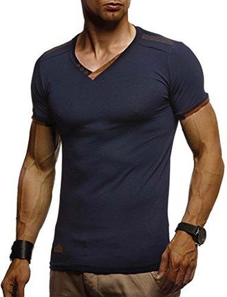 LEIF NELSON LN1355 T-shirt &agrave; manches courtes et col en V pour homme Coupe ajust&eacute;e Style moderne T-shirt &agrave; teneur en coton - Bleu - Large