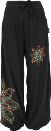 Guru Shop Weite Pluderhose mit Breitem Bund, Blumenstickerei - Schwarz, Damen, Baumwolle, Size:L/XL