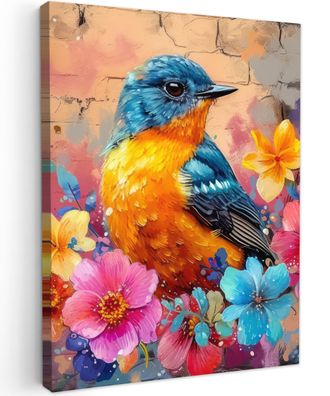 MuchoWow © Bild auf Leinwand 30x40 cm Schlafzimmer Bilder Badezimmer Wand Deko Wohnzimmer Modern Wanddeko Bilderwand Geschenk Graffiti - Vogel - Blumen - Straß