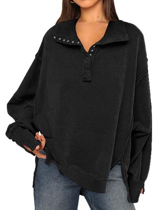 OLIPHEE Sweatshirts f&uuml;r Damen Sweatshirt Damen Oversized mit Kn&ouml;pfe Fr&uuml;hling Herbst Pullover Langarmshirts f&uuml;r Damen V-Ausschnitt Revers Loose Tops Vintage Ob