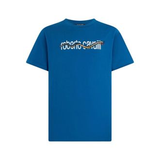 Roberto Cavalli Homme, Tops, Bleu, Taille: S T-shirt avec Logo et Serpent