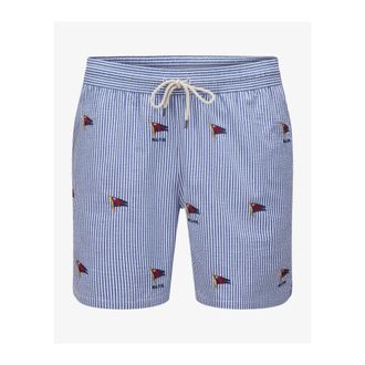 Polo Ralph Lauren Homme, Maillots de bain, Bleu, Taille: XL Seersucker Swim Trunks avec Broderie de Drapeau Nautique