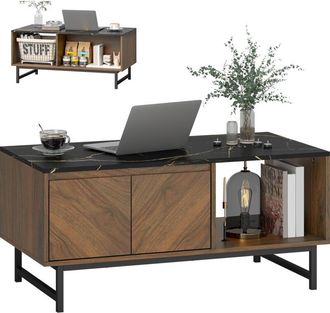 HOMCOM Table basse - HOMCOM - plateau effet marbre, 2 portes et 2 niches ouvertes - panneau de particules et MDF - 100x50,8x45,7cm - noyer
