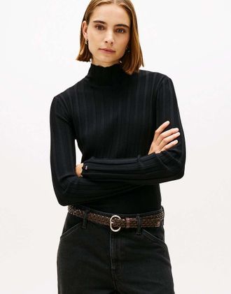 Tommy Hilfiger Festive - Pull slim plissé col montant - Noir