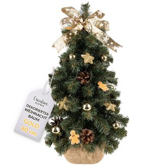 Creative Home Weihnachtsbaum Geschmückt Gold | Höhe 40 cm | Künstlicher Weihnachtsbaum klein Tannenbaum Mini | für Tisch Schreibtisch Büro | Innen & Außen | Weihnac