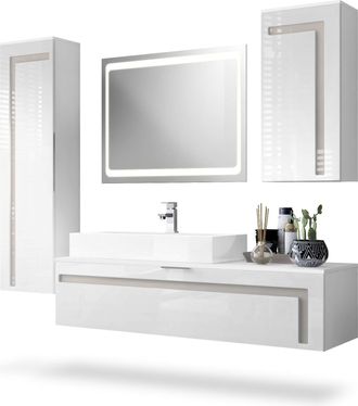 Vladon Badm&ouml;bel Komplettset Aloha, Made in Germany, Korpus in Wei&szlig; matt/Fronten in Wei&szlig; Hochglanz mit Absetzungen in Sandgrau Hochglanz, mit Aufsatzwaschbeck