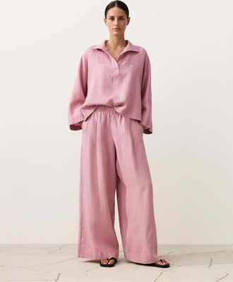 Oysho Hose aus 100% Leinen in Rosa mit weitem Bein