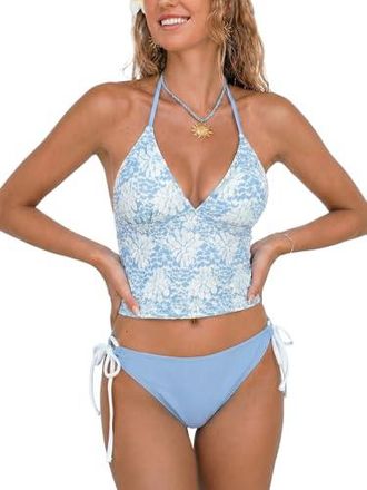 Cupshe Maillot de bain tankini pour femme avec bretelles dos nu - Couleurs contrast&eacute;es - Taille moyenne - String &agrave; nouer sur le c&ocirc;t&eacute;, bleu clair/blanc, M