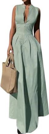 Minetom Femme Robe Longue Casual Col en V Fermeture Éclair Maxi Robe Élégante sans Manches A-Line Soirée Party Robe A Vert XL