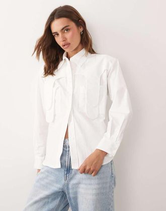 Ghospell Chemise manches longues en coton &agrave; d&eacute;tail noeud - Blanc