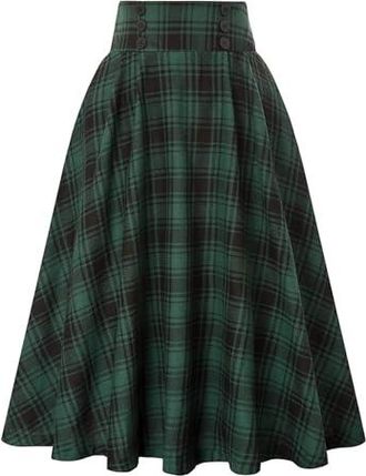 Onsoyours Jupes Femme Élégant Taille Élastique Trompette A-Ligne Midi Jupe Plissée Carreaux Skirt B Vert XXL