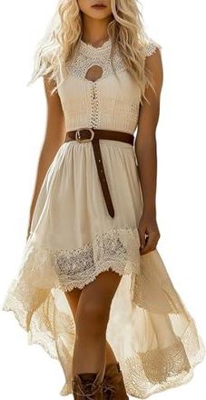 Generic Robe de cowboy western vintage pour femme - Robe &eacute;vas&eacute;e avec bordure en dentelle florale et &eacute;paules d&eacute;nud&eacute;es - Costume dHalloween inspir&eacute; des ann&eacute;es 7