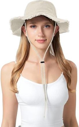 Feoya Femme Chapeau en Coton Pêcheur à Large Bord Chapeau à Franges Respirant Idéal pour Safari Jardin Aventure en Plein Air Beige