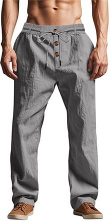 Generic Pantalon de jogging pour homme l&eacute;ger : pantalon en lin avec taille &eacute;lastique pantalon d&eacute;t&eacute; avec bouton vers le bas pantalon &agrave; enfiler jambe droite pan