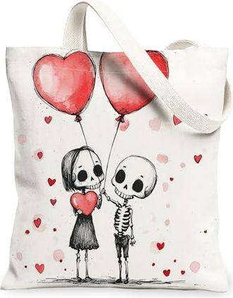 Generic Joli sac fourre-tout en toile de Saint-Valentin pour faire du shopping, 33 x 38,1 cm, motif squelette cr&acirc;ne, couple, mariage, sac d&eacute;picerie r&eacute;utilisab