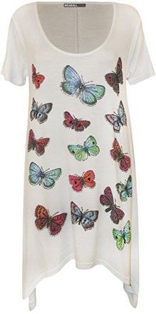 WearAll Grande Taille Papillon imprimé Mouchoir Ourlet irrégulier t-Shirt Top à Manches Courts - Blanc - 54-56