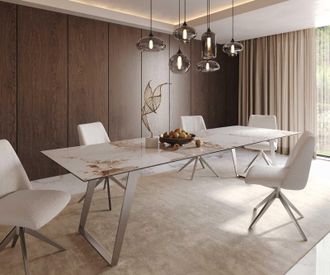 DELIFE Esstisch Edge 300x100 Keramik Minas Melange Wei&szlig;-Beige Edelstahl Schr&auml;g, Esstische