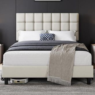 Yaheetech Bettgestell mit gepolstertem Kopfteil, Lattenrost aus Holz, quadratisches Kopfteil h&ouml;henverstellbar, modern, Beige, 140 x 200 cm