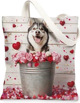 Generic Husky Dog Sac fourre-tout en toile r&eacute;utilisable pour faire du shopping 33 x 38,1 cm, rose en bois pour la Saint-Valentin, sac d&eacute;picerie r&eacute;utilisable p