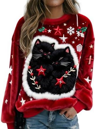 Generic Sweat-Shirt de No&euml;l en Flanelle avec imprim&eacute; Chat pour Femme, Style d&eacute;contract&eacute;, &eacute;l&eacute;gant, Doux et Chaud, Pull de No&euml;l Fantaisie &agrave; col Rond, Haut de Va