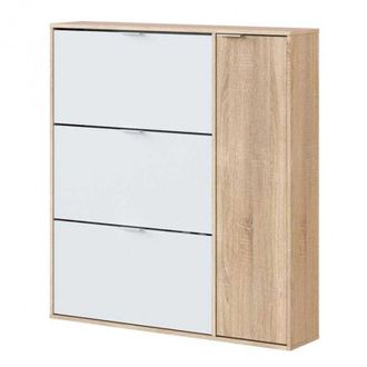 PEGANE Meuble &agrave; Chaussures avec 3 abattants et 1 porte ch&ecirc;ne canadien / blanc artic -Hauteur 115 x Longueur 106 x Profondeur 22 cm -PEGANE