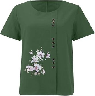 Generic Haut ample d&eacute;contract&eacute; &agrave; manches courtes et col rond en lin pour femme, chemisier d&eacute;t&eacute; &agrave; motif floral pour la plage, les vacances et les voyages, vert