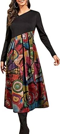 Onsoyours Femme Manches Longues Décontracté Imprimé Floral Robe Trapèze Mi Longue Vintage Robe à Taille Imprimée A9 XXL