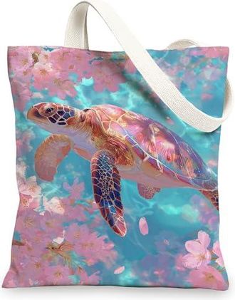 Generic Sac fourre-tout en toile motif tortue, sac dépicerie réutilisable, motif animal marin, coloré, léger, lavable, coloré, 13x15 Inch