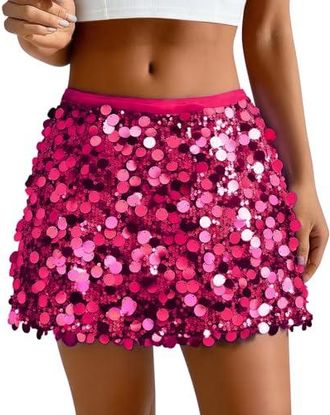 Generic Jupe &agrave; paillettes pour femme avec taille &eacute;lastique, jupe &agrave; paillettes avec taille &eacute;lastique, jupe midi, jupe trap&egrave;ze, jupe trap&egrave;ze, mini jupe scintill
